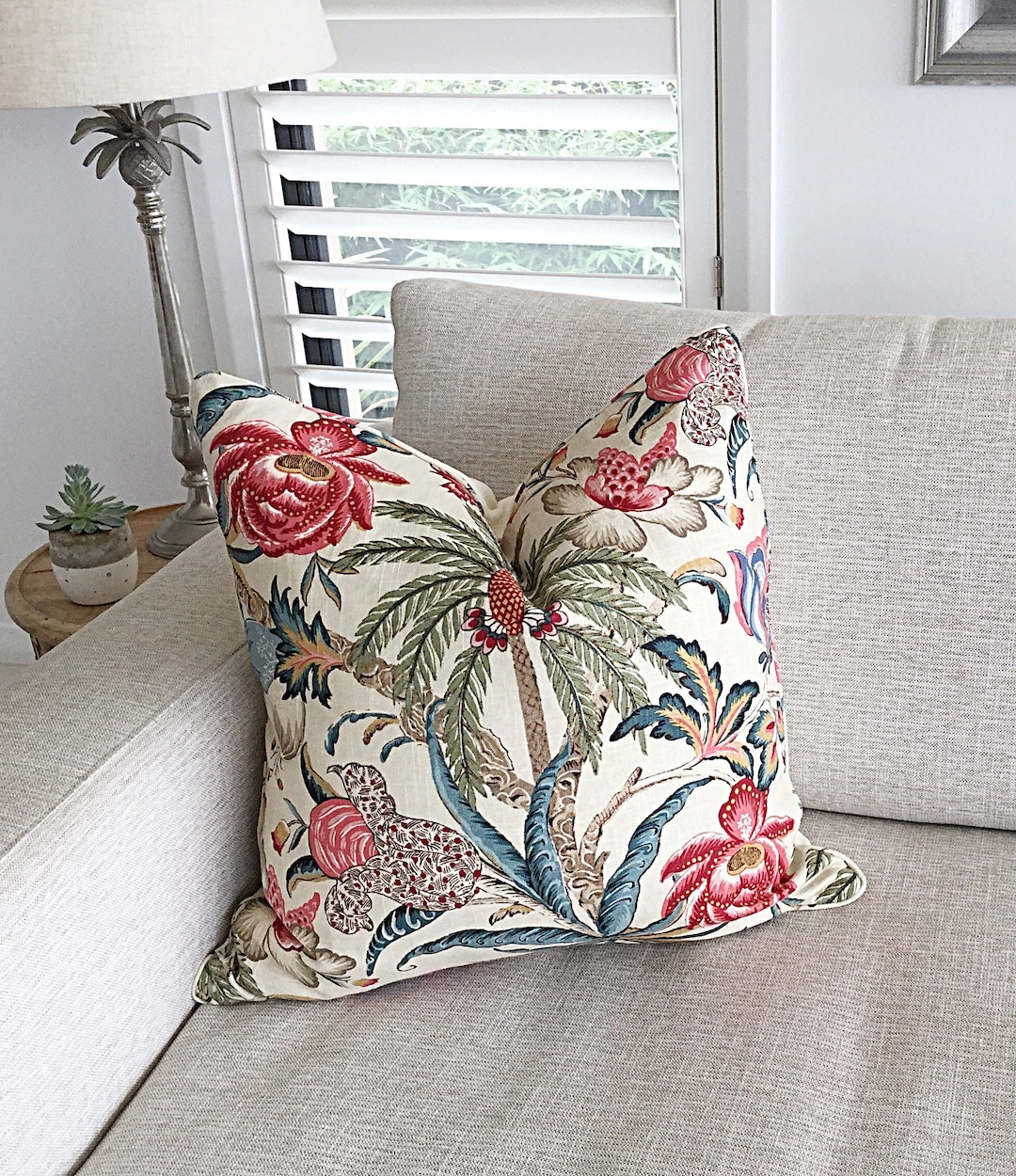 Exotic Palm Linen Cushion Cover: Raspberry Floral Pillow - Etsy