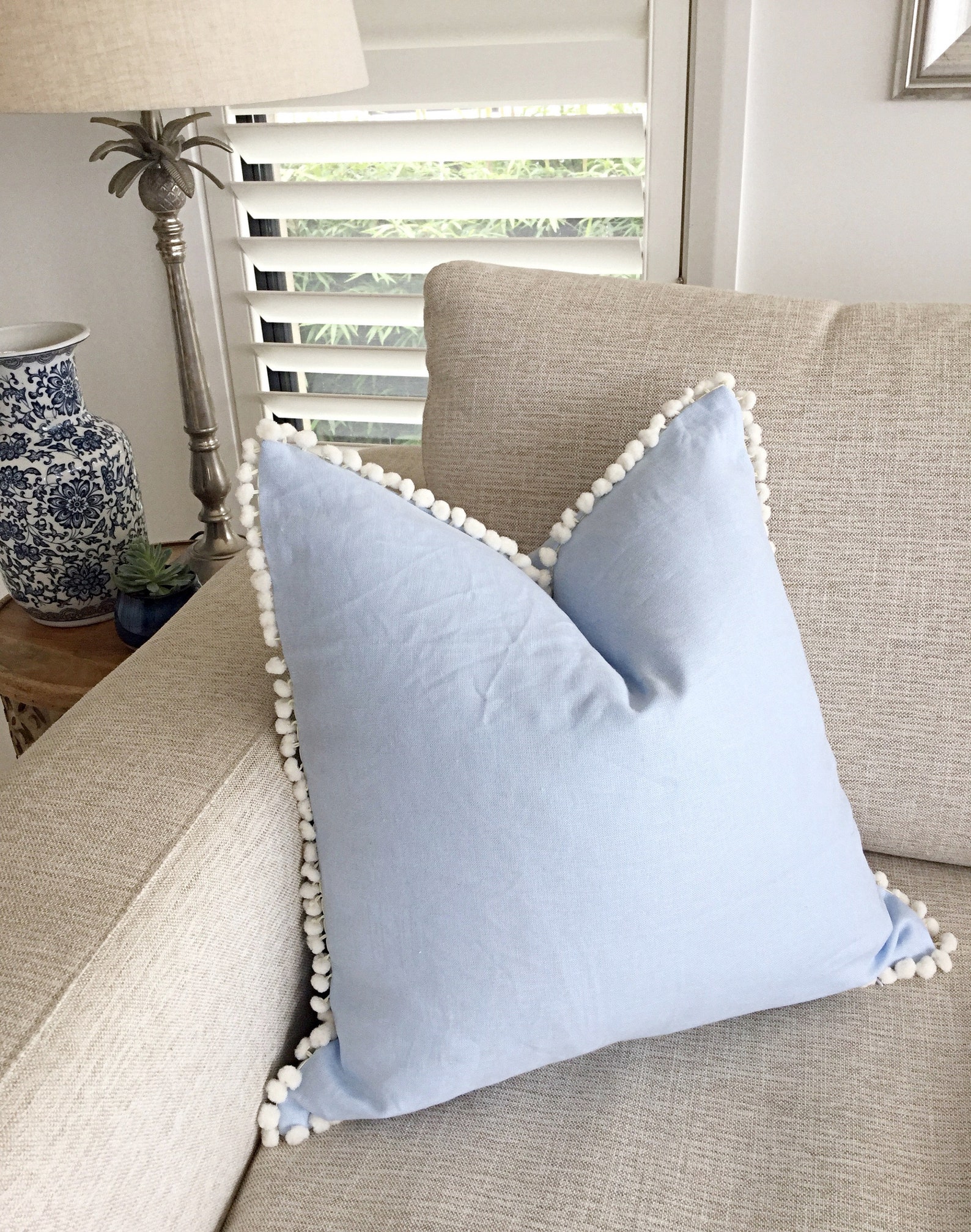 Pale Blue Pom Pom Cushions Cushion Cover Linen Cushions - Etsy