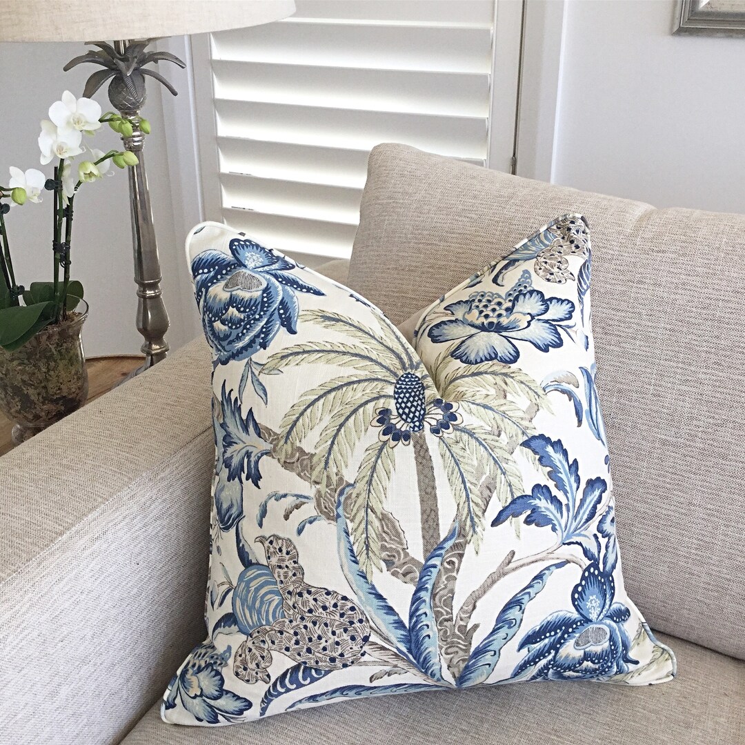 Exotic Palm Linen Cushion Cover: Blue & White Hampton Style - Etsy