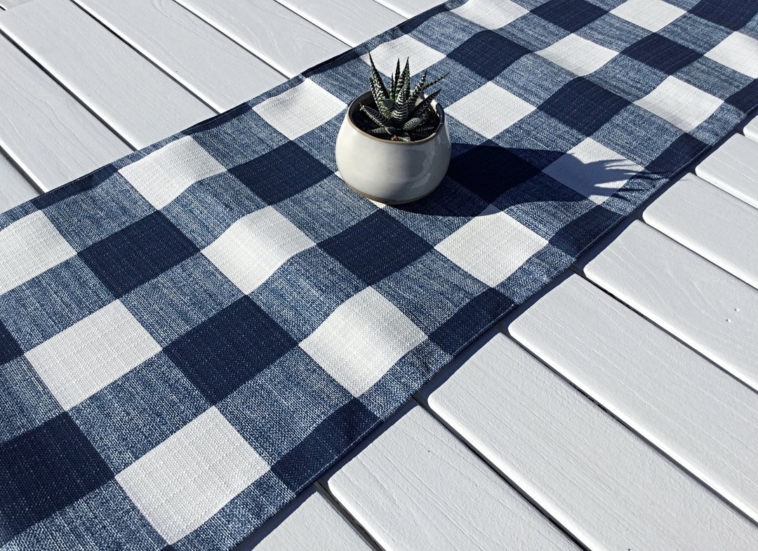Hamptons Check Table Runner. Coastal Beach House Decor. Navy Blue and ...