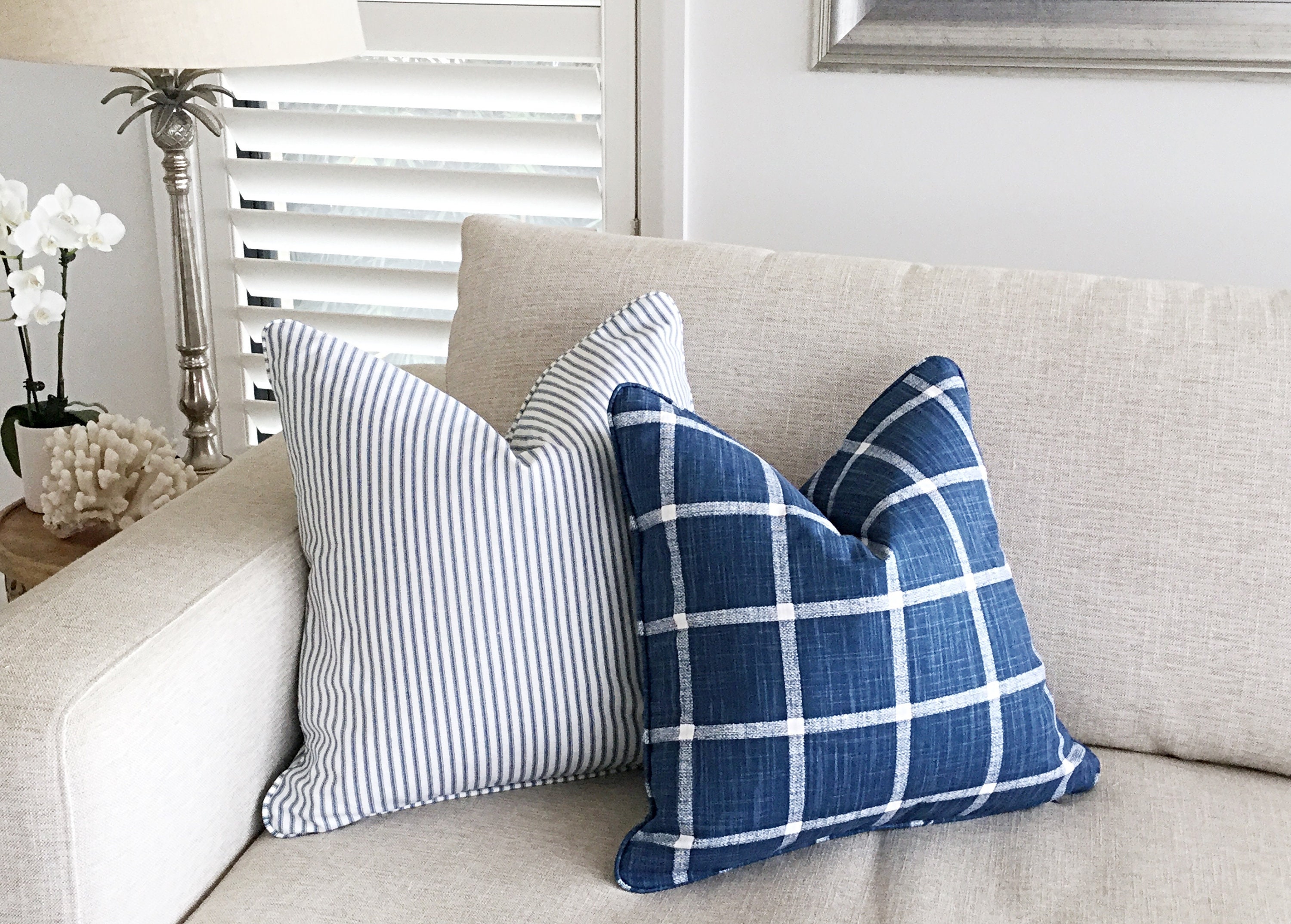Farmhouse Check Cushion Cover Ticking Stripe Cushions Blue - Etsy Australia
