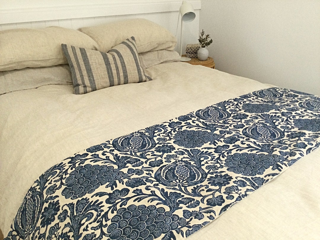 Hamptons Style, Batik Style, Blue Jacobean Linen Bed Runner, Blue and ...