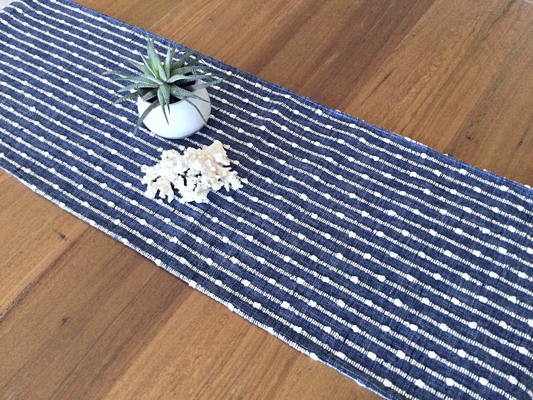 Marine Blue Stripe Table Runner: Woven Linen Rayon Coastal Decor - Etsy