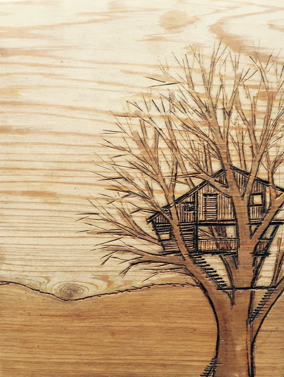Woodburned Treehouse Sketch on Wood Plate - Etsy