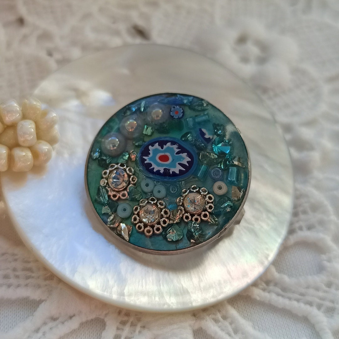 Handmade Blue Brooche With Millefiori and Pearls, Resin, Unique Gift ...
