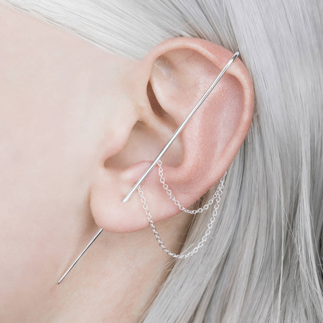 Sterling Silver Ear Cuff Silver Chain Earrings 925 Silver - Etsy