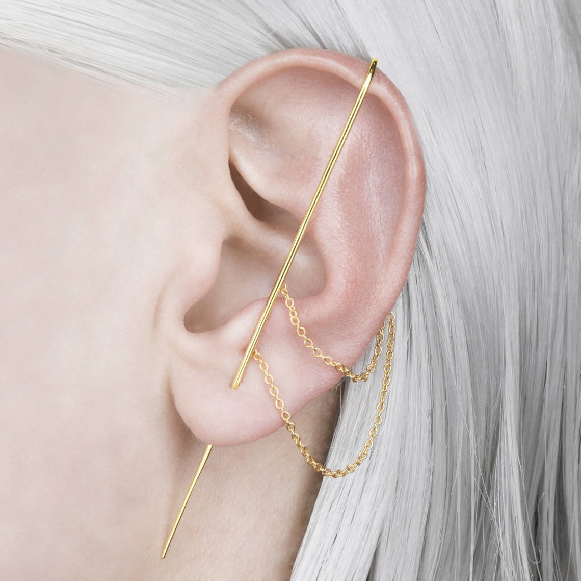 Gold Chain Earrings-gold Ear Cuff-ear Pin-18k Gold - Etsy