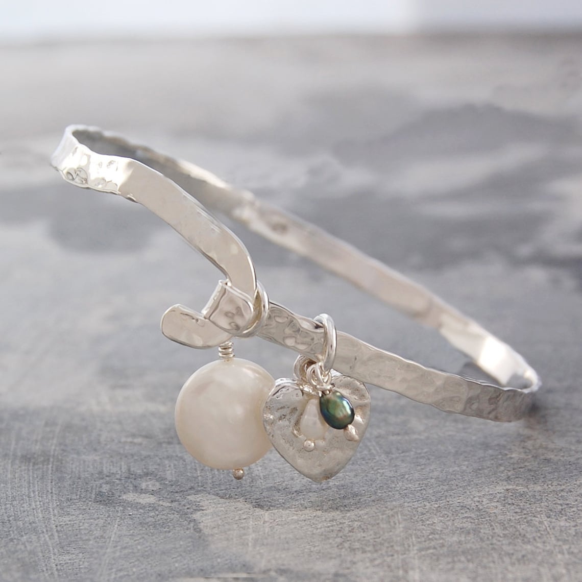 Silver Pearl Bangle Silver Cuff Textured Bangle Silver | Etsy