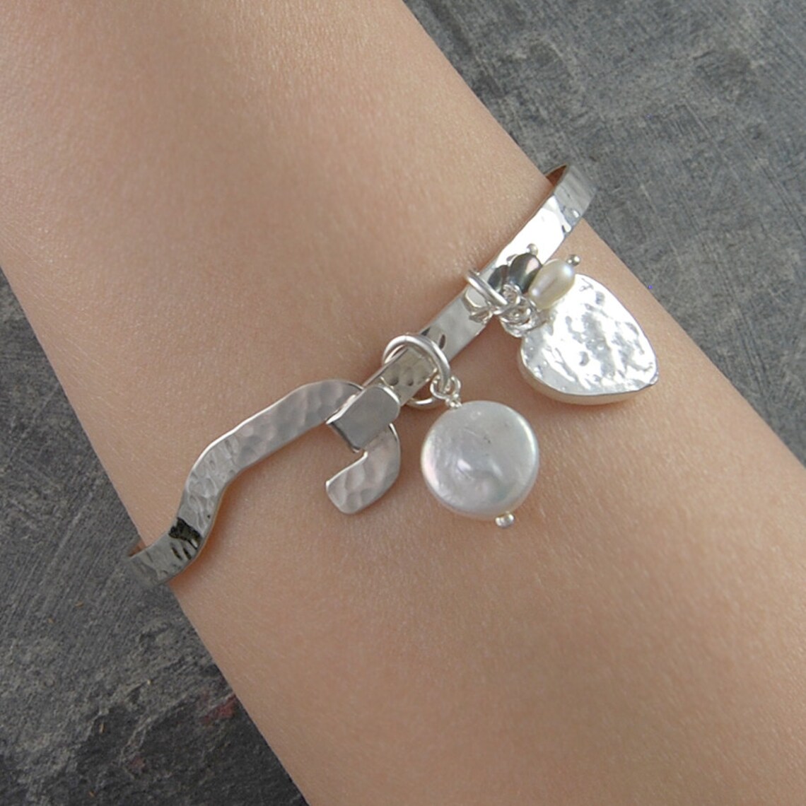 Silver Pearl Bangle Silver Cuff Textured Bangle Silver | Etsy