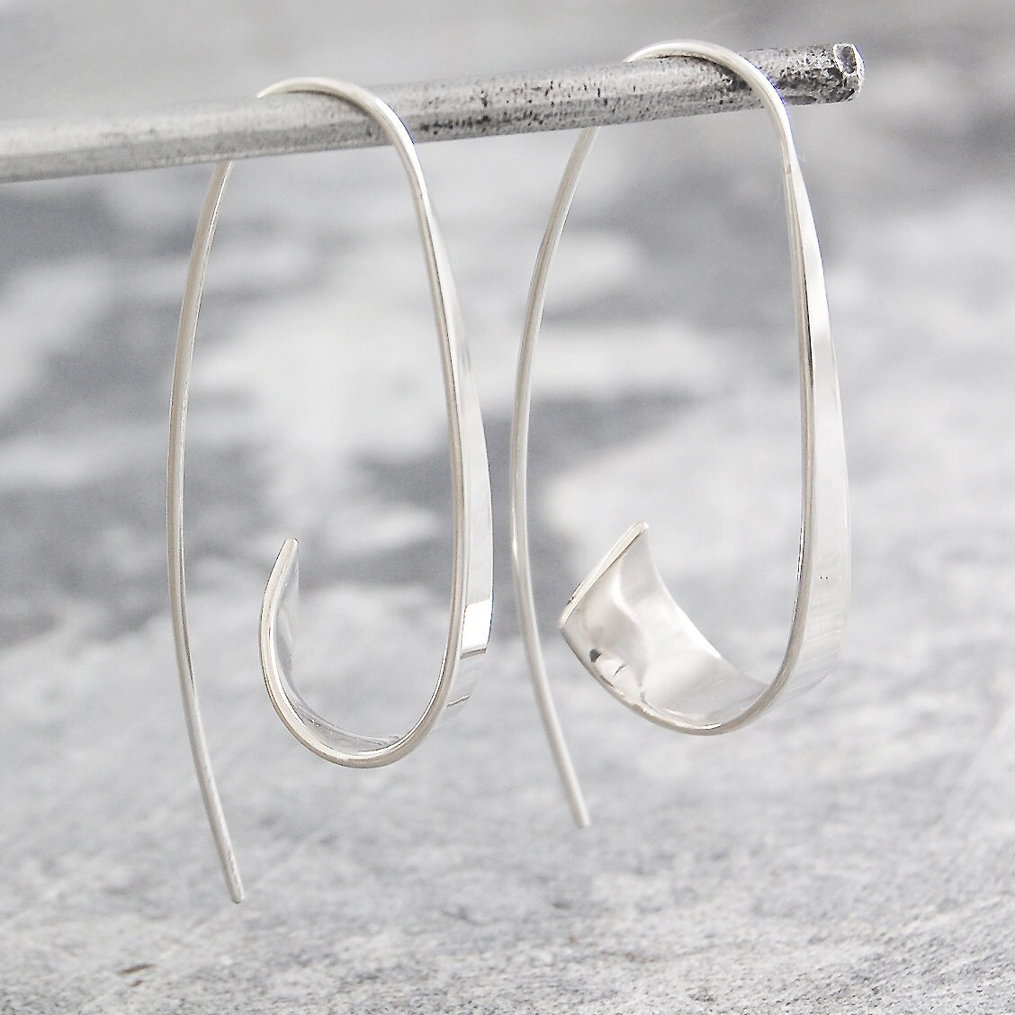 Sterling Silver Drop Hoop Earrings Small Ribbon Hoop Silver - Etsy