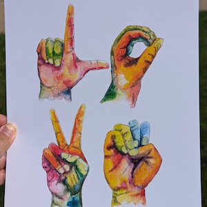 ASL Love Print: Original Watercolor Art, Colorful Hand Signs - Etsy