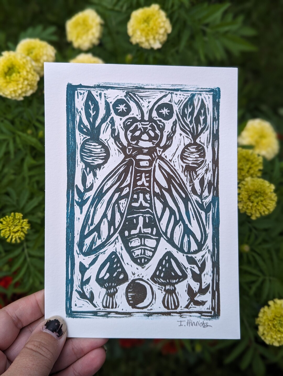 Summer Cicada Block Print, Original Block Print, Turnips and Vegetable ...