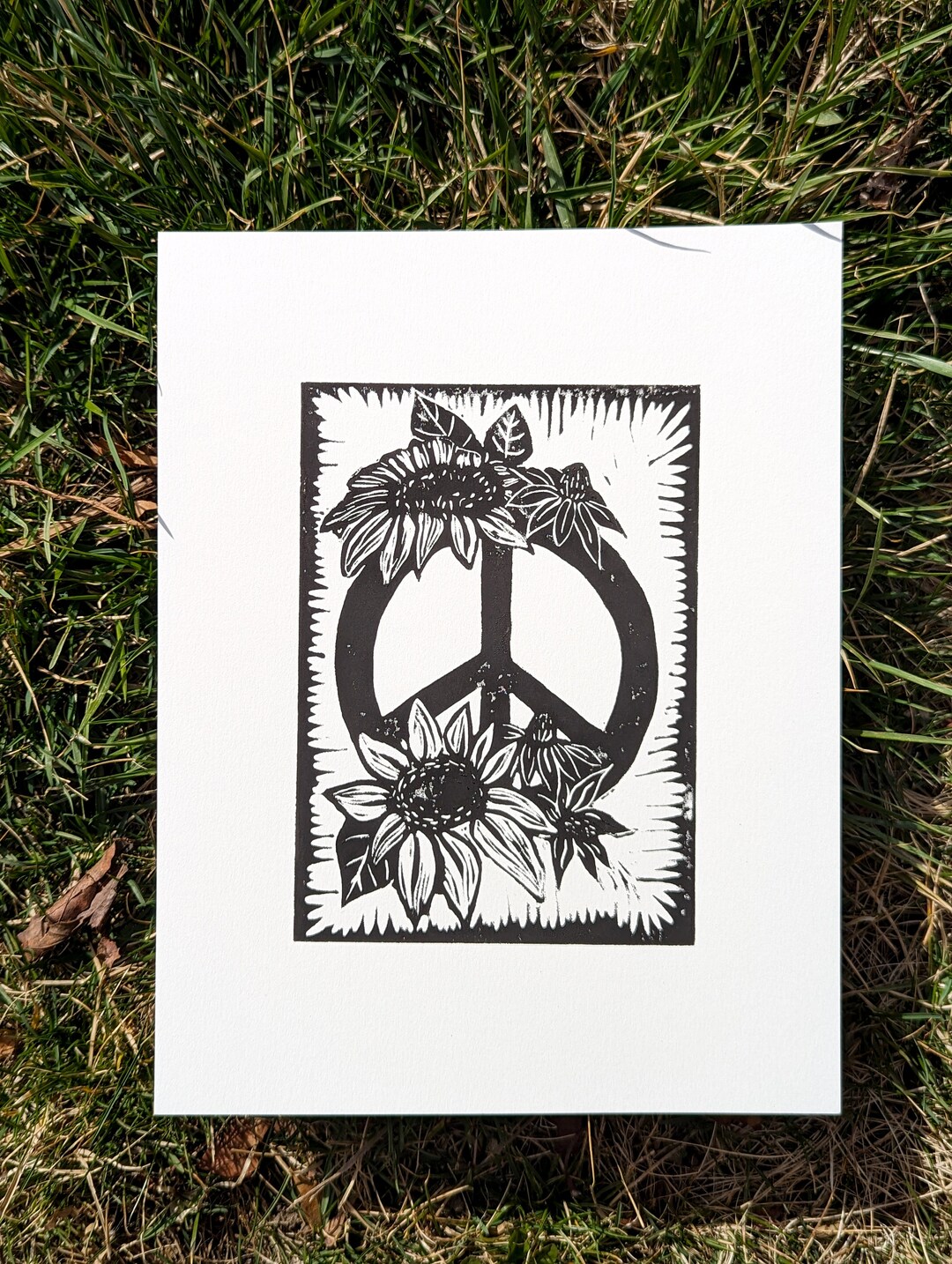 Peace Sign Sunflower Linocut Original Print | Spring Garden | Peace ...