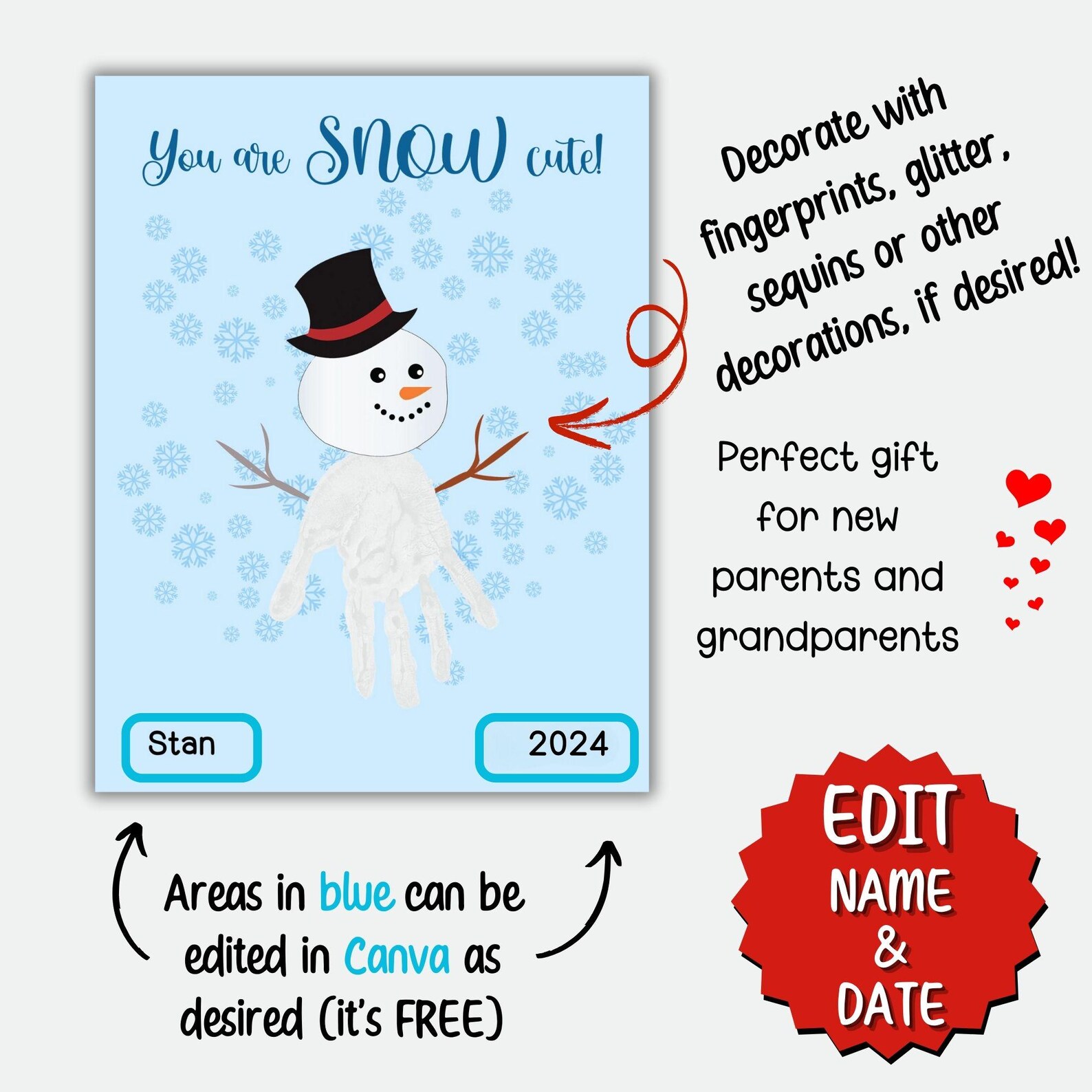 EDITABLE Snowman Handprint Art, Winter Handprint Craft, Handprint Craft ...