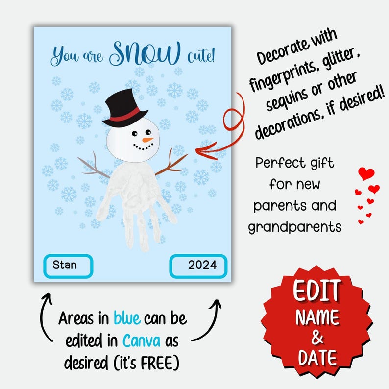 EDITABLE Snowman Handprint Art, Winter Handprint Craft, Handprint Craft ...
