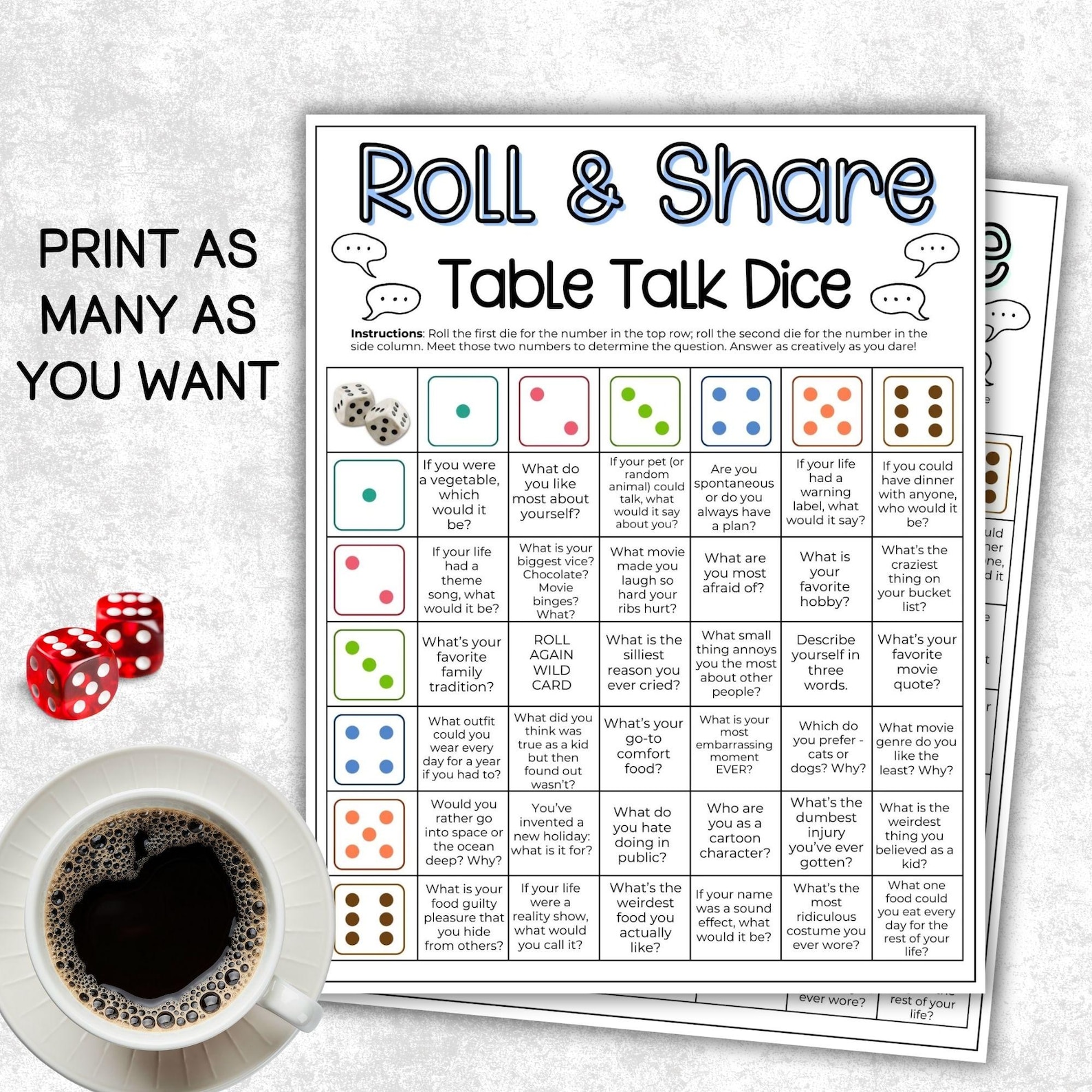 Dicebreaker Roll and Share Icebreaker Game, Roll and Tell Printable ...