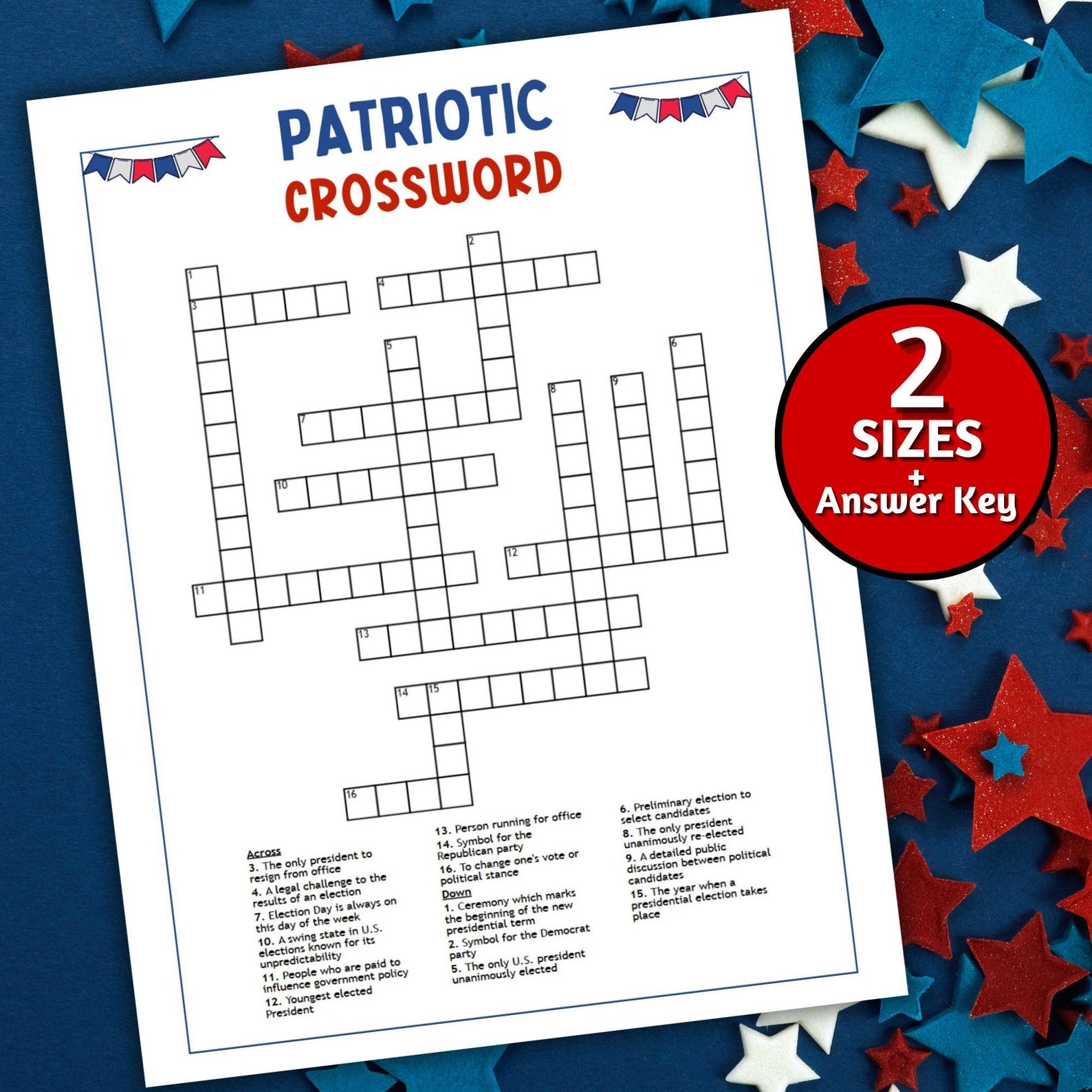 Patriotic Crossword Puzzle Printable, 4th of July Activity, BBQ Games ...
