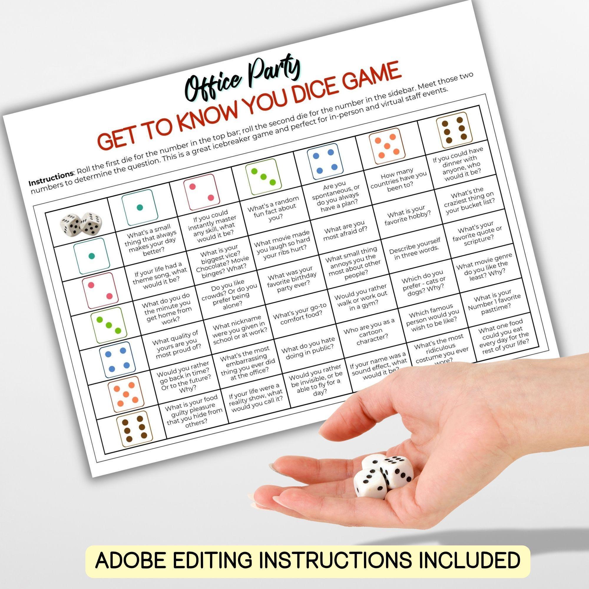 EDITABLE Get to Know You Dice Game, Office Party Dicebreaker, Virtual ...