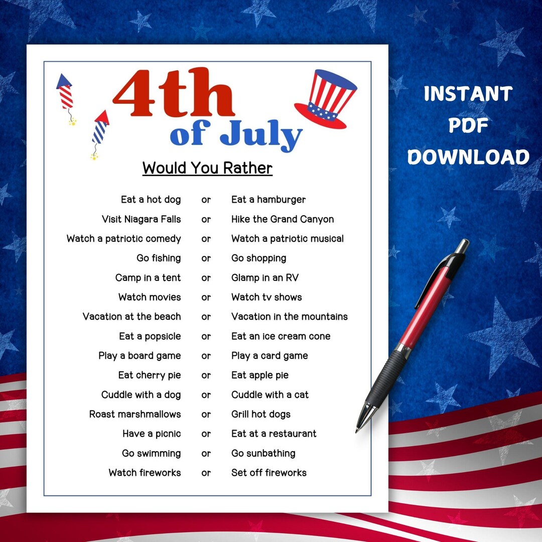 4th of July Would You Rather Game, 4th of July Activity, Office Party ...