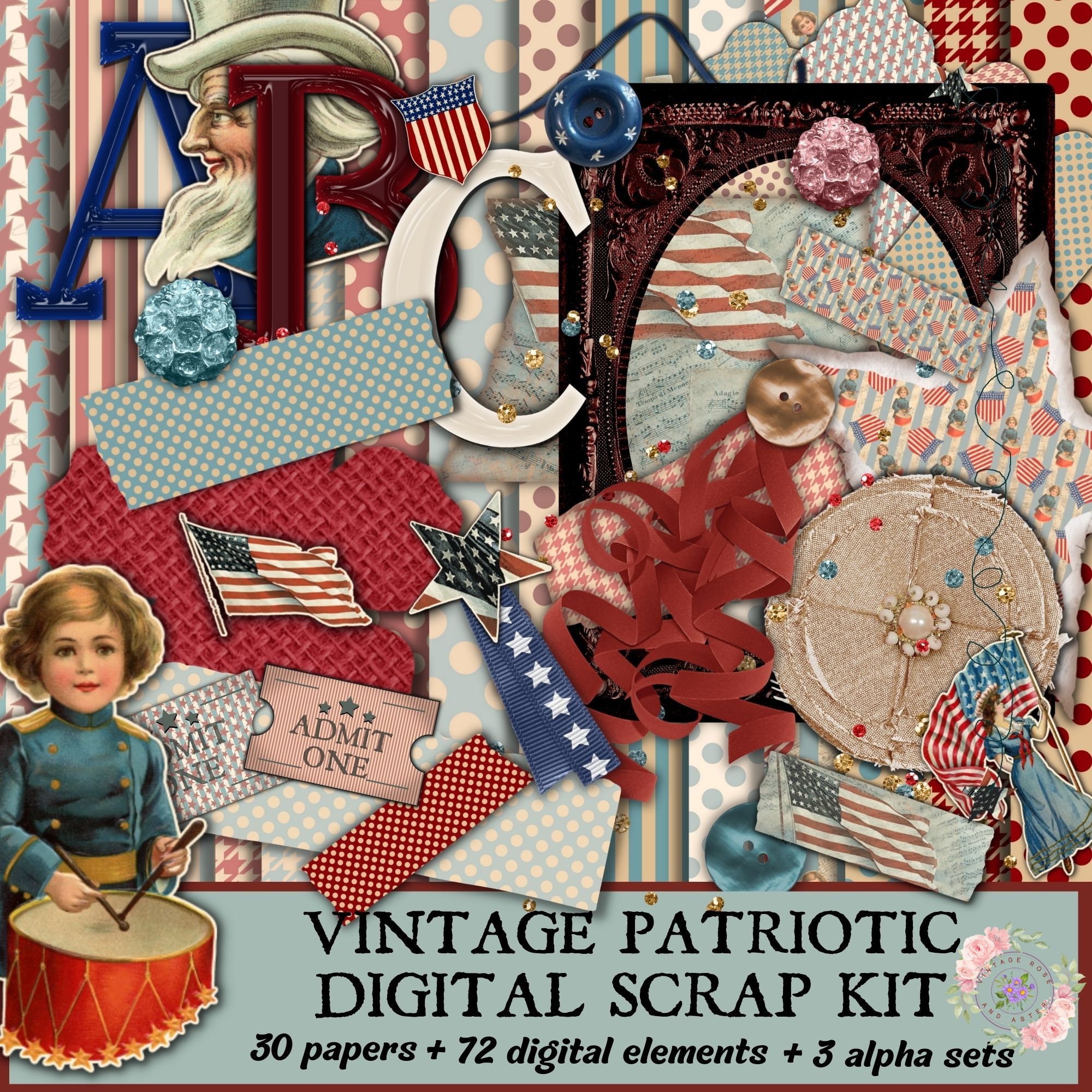 12 X 12 Digital Vintage Patriotic 4th of July Scrapbook Bundle Kit ...