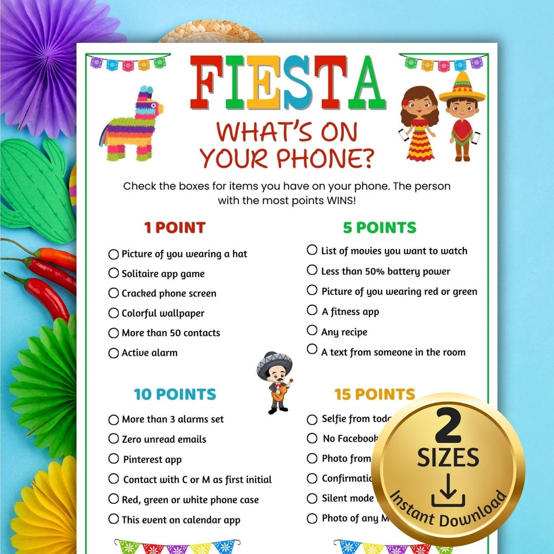 Fiesta Whats on Your Phone Taco Party Game, Cinco De Mayo Games, Ice ...