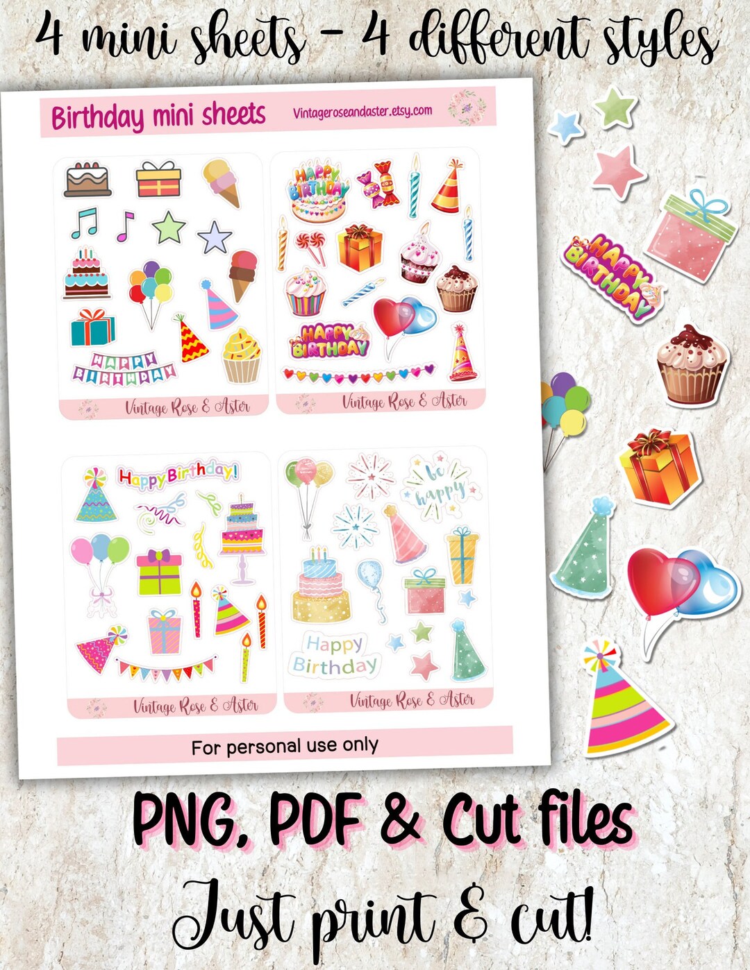 Birthday Planner Stickers, Mini Planner Stickers, Printable Decorative ...