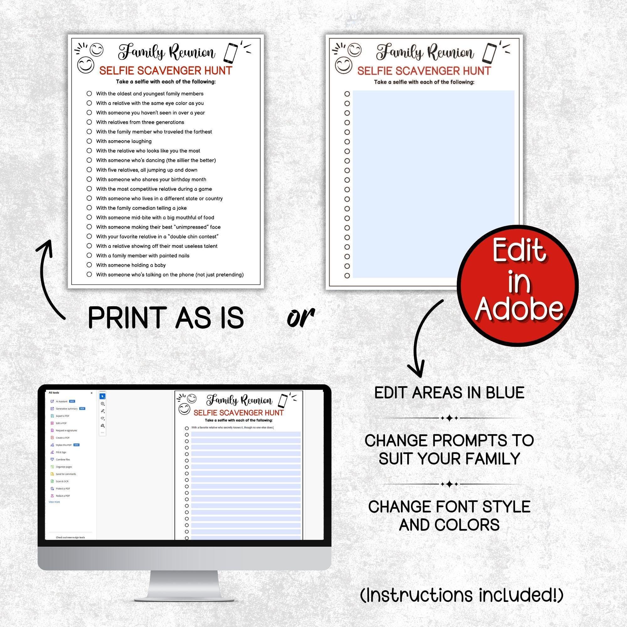 Family Reunion Selfie Scavenger Hunt Game, EDITABLE Family Reunion ...