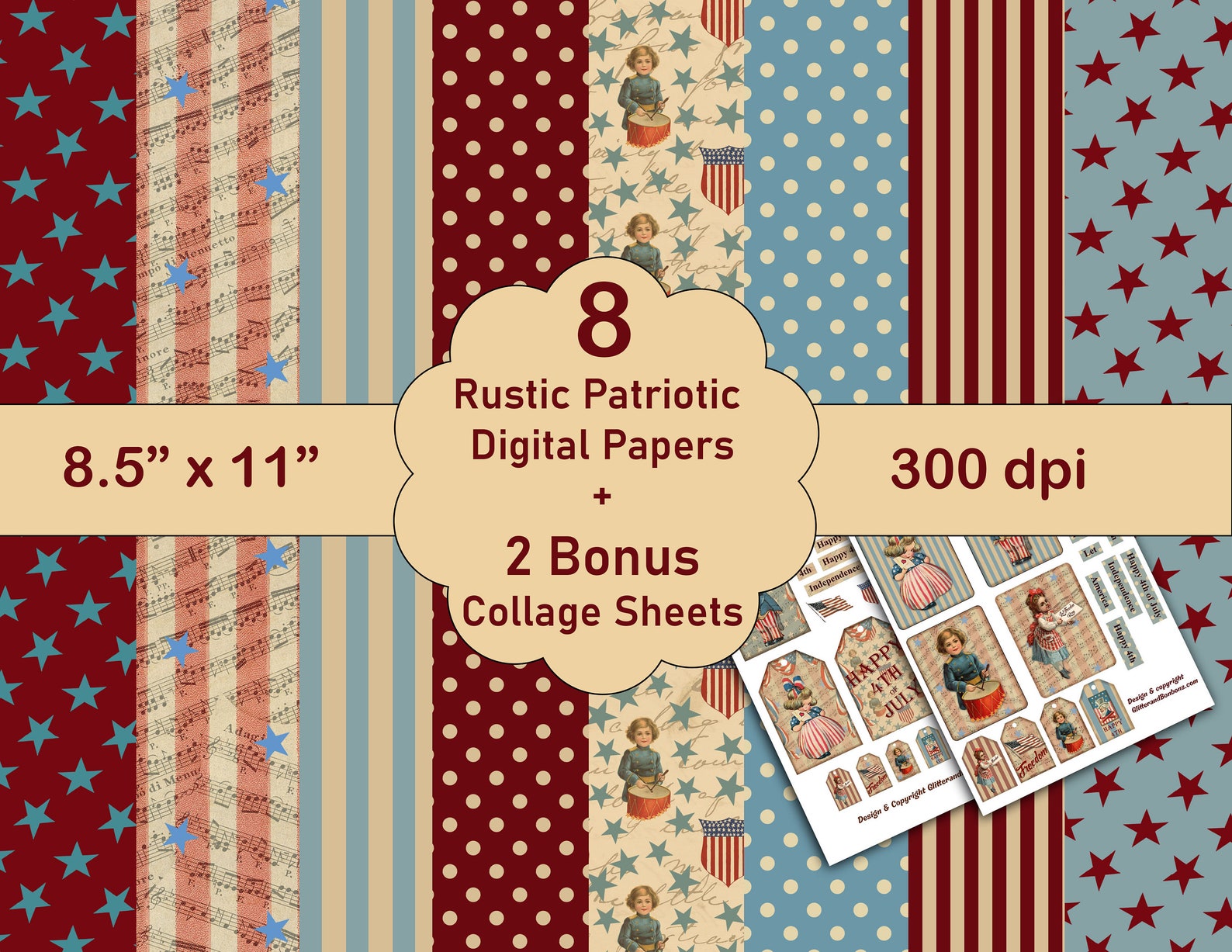 Vintage Patriotic Digital Paper Pack, Americana Colors, Vintage ...
