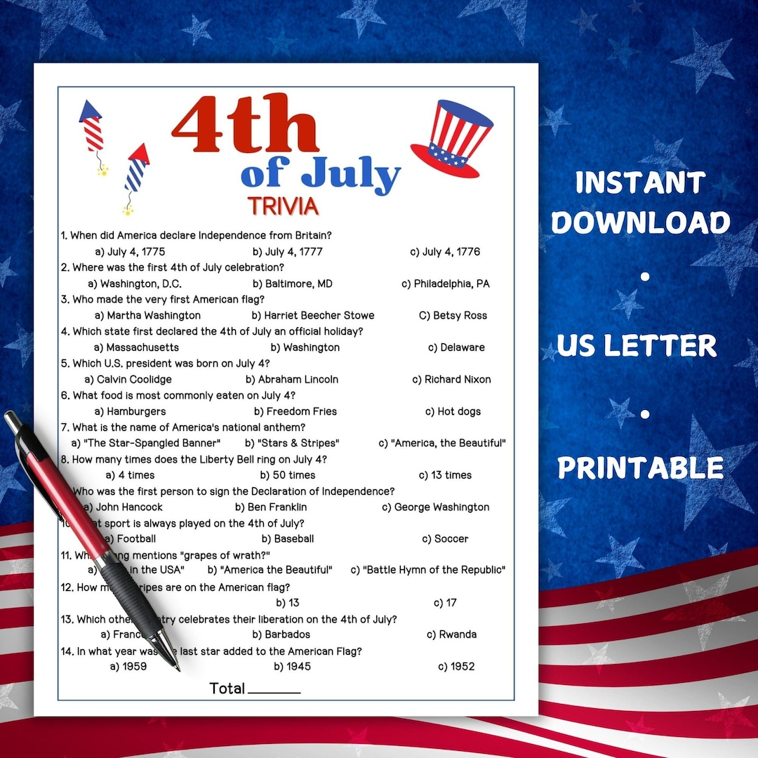 4th of July Trivia, July 4th Trivia Game, Patriotic Trivia, 4th of July ...