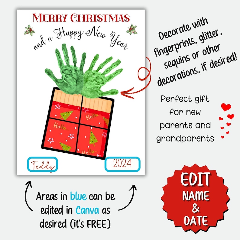 EDITABLE Christmas Gift Handprint Craft, Handprint Art, Downloadable ...