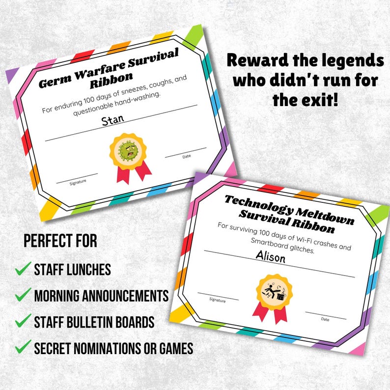 100 Days of School EDITABLE Funny Teacher Awards Teacher Survival ...
