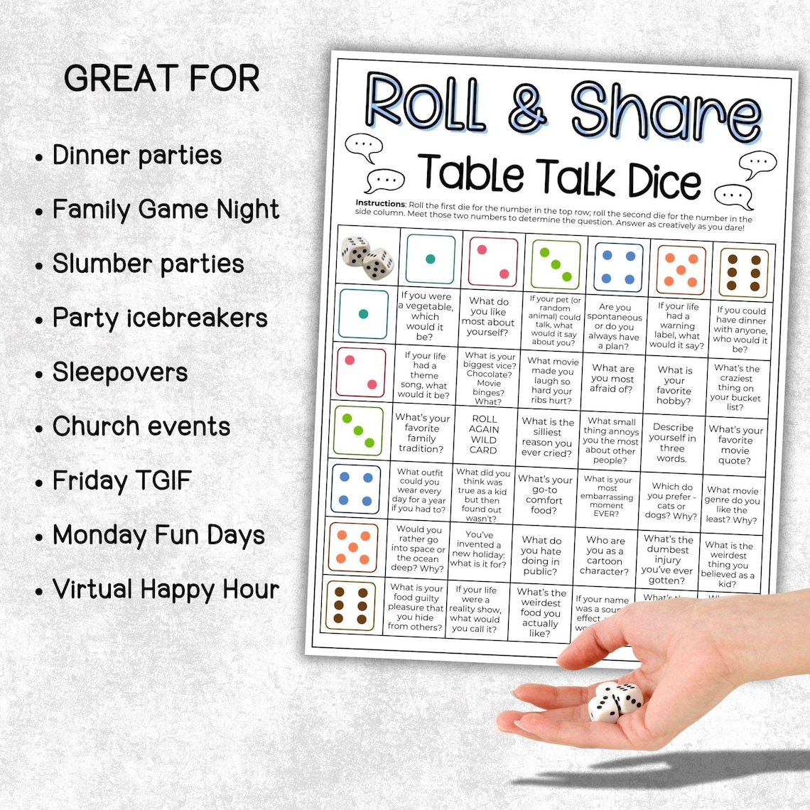 Dicebreaker Roll and Share Icebreaker Game, Roll and Tell Printable ...