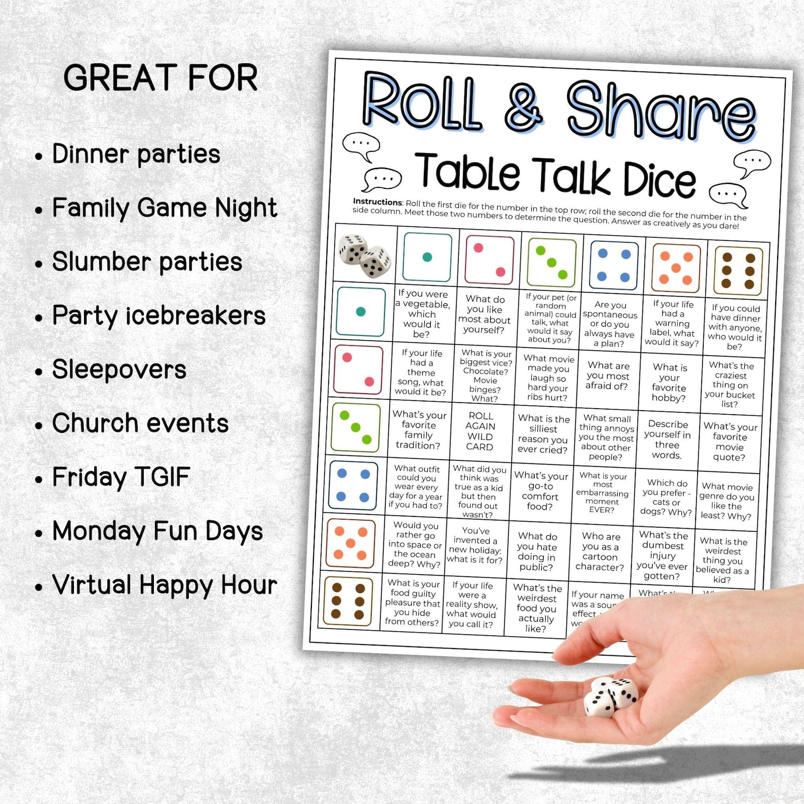 Dicebreaker Roll and Share Icebreaker Game, Roll and Tell Printable ...