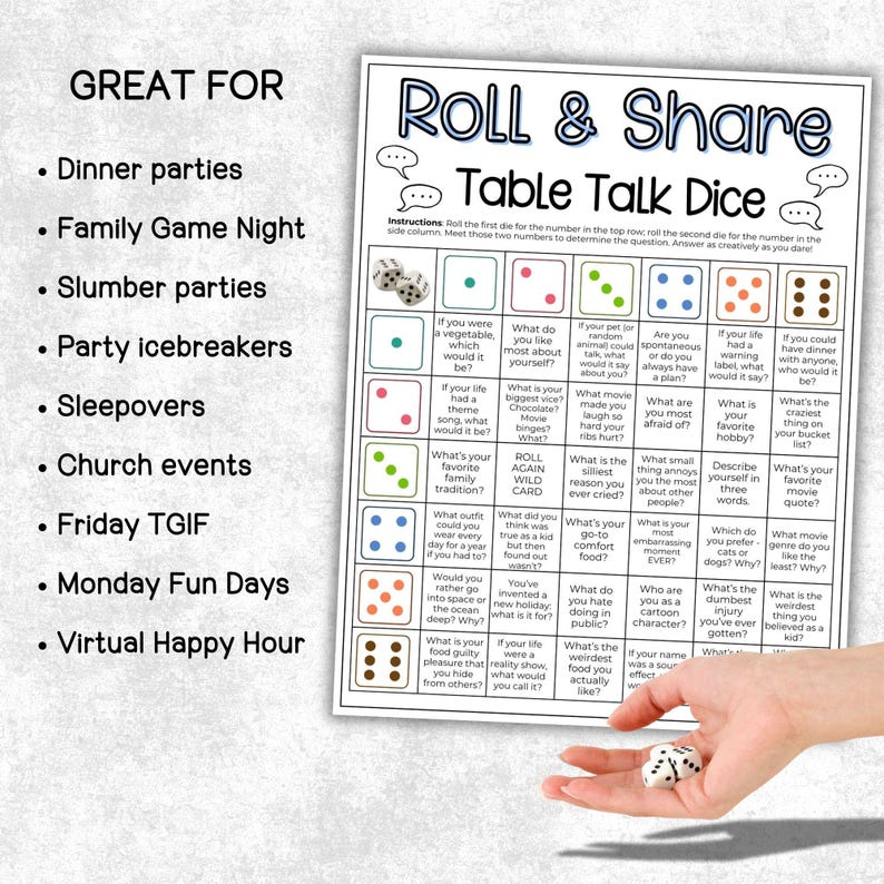 Dicebreaker Roll and Share Icebreaker Game, Roll and Tell Printable ...