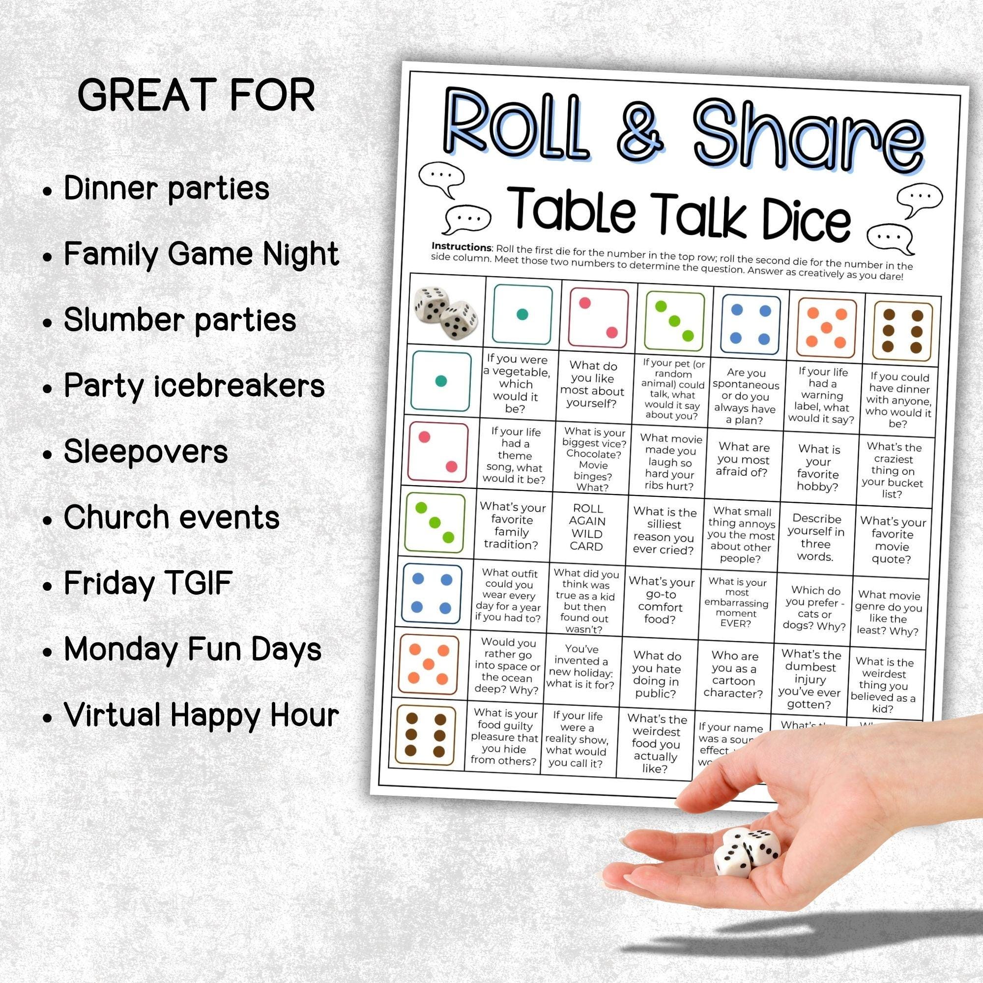 Dicebreaker Roll and Share Icebreaker Game, Roll and Tell Printable ...