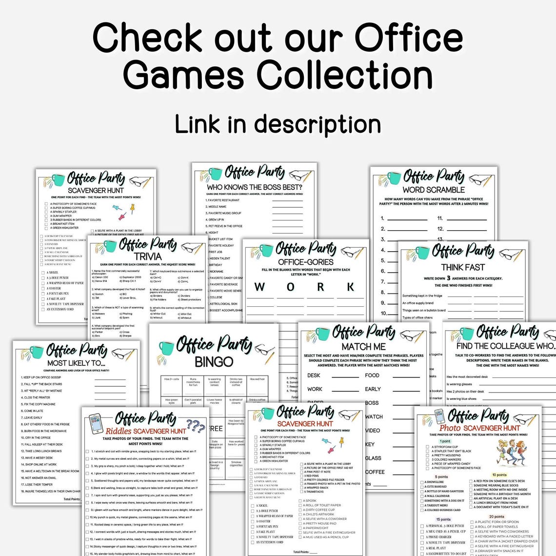 Office Scavenger Hunt PDF Printable Bundle, Work Scavenger Hunt, Office ...
