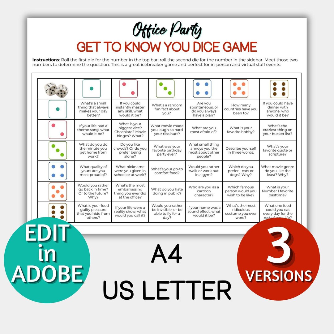 EDITABLE Get to Know You Dice Game, Office Party Dicebreaker, Virtual ...