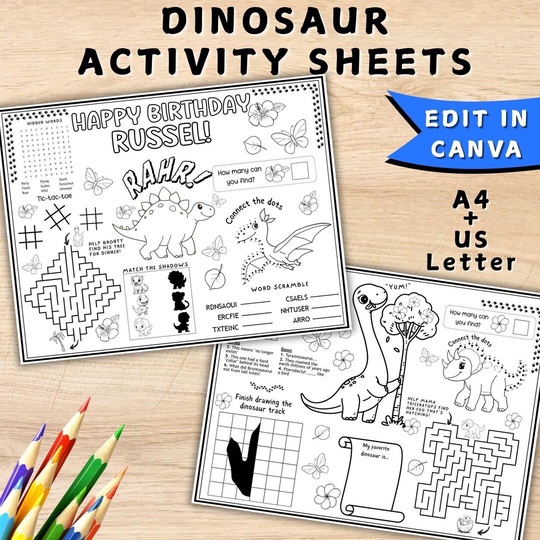 EDITABLE Dinosaur Activity Sheets for Children, Dinosaur Activity Mat ...