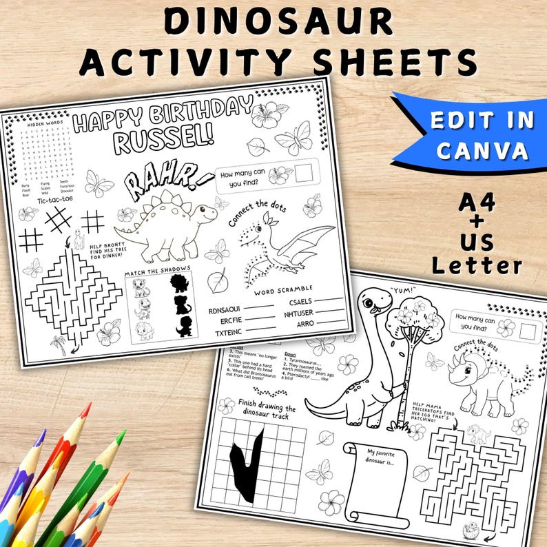EDITABLE Dinosaur Activity Sheets for Children, Dinosaur Activity Mat ...