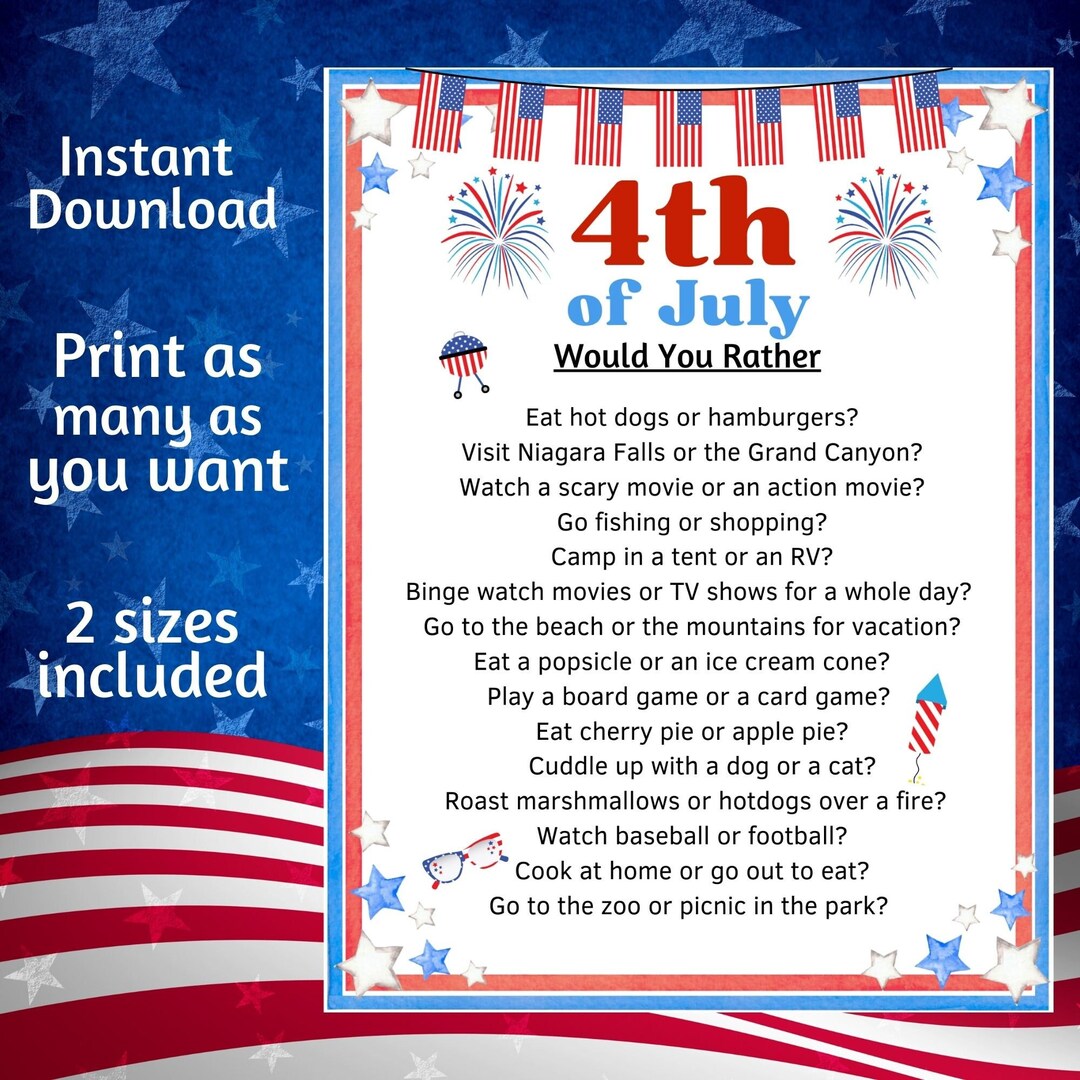 4th of July WOULD YOU RATHER Patriotic Game, 4th of July Printable ...