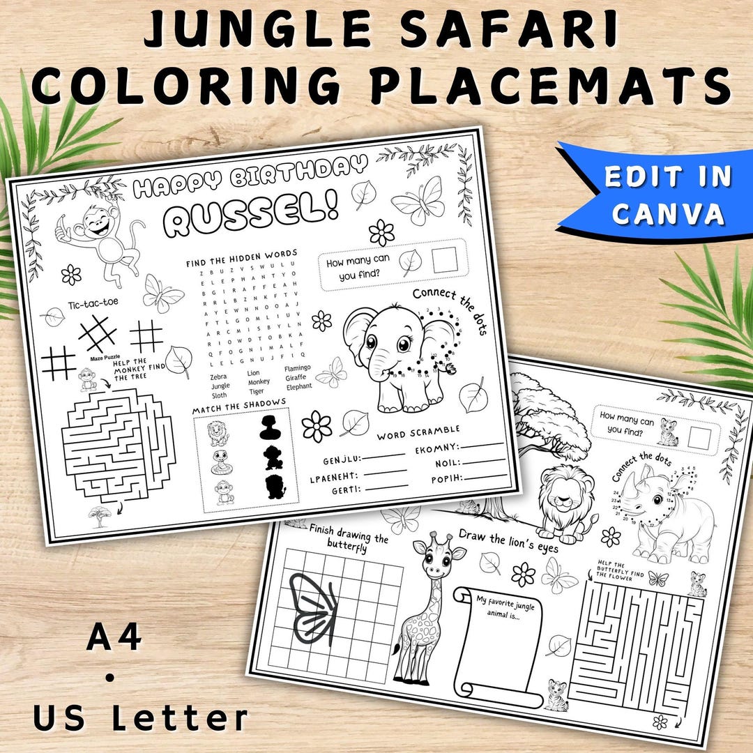 Jungle Theme Activity Placemat TEMPLATE, Safari Placemat Restaurant ...