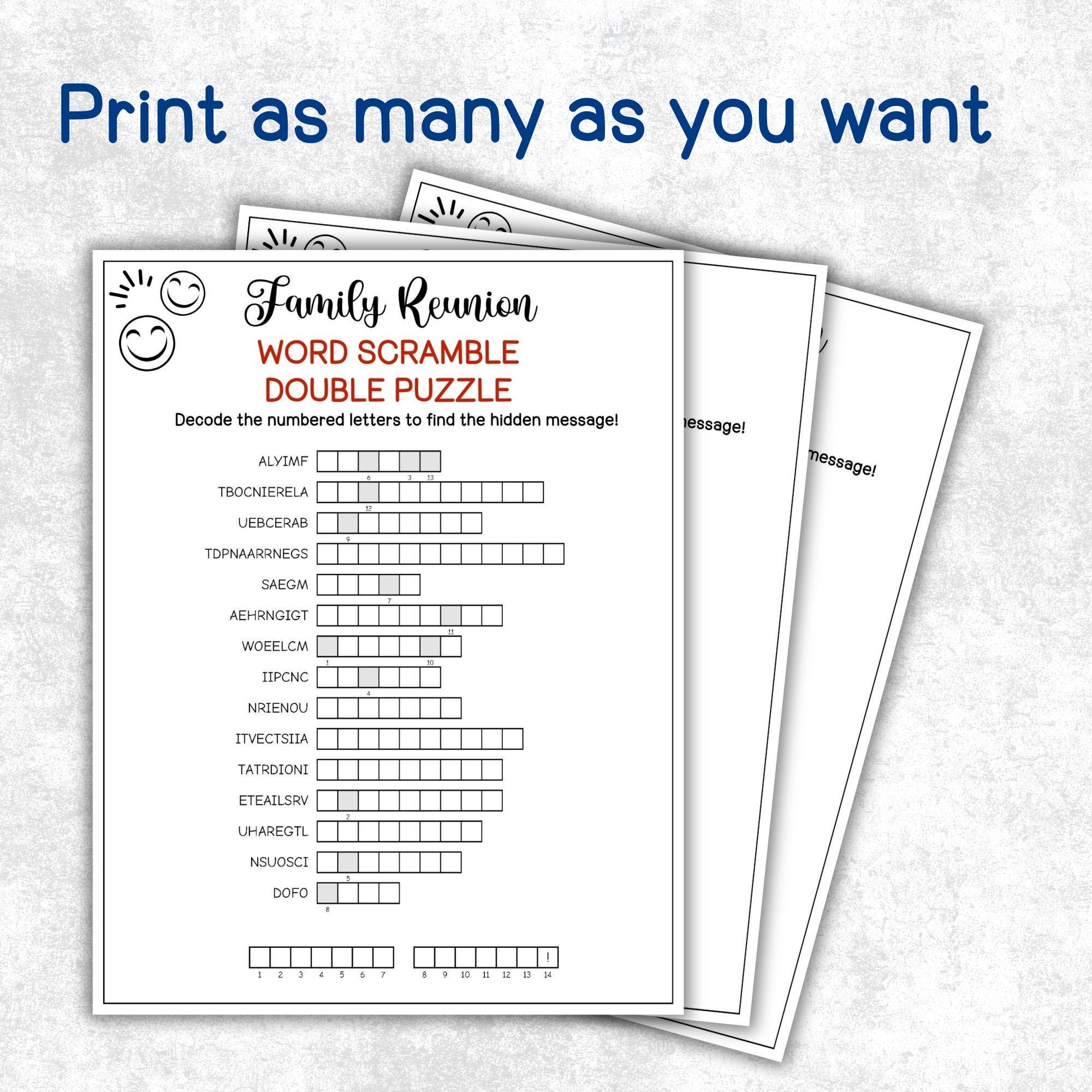 Family Reunion Word Scramble Double Puzzle Game, Family Word Scramble ...