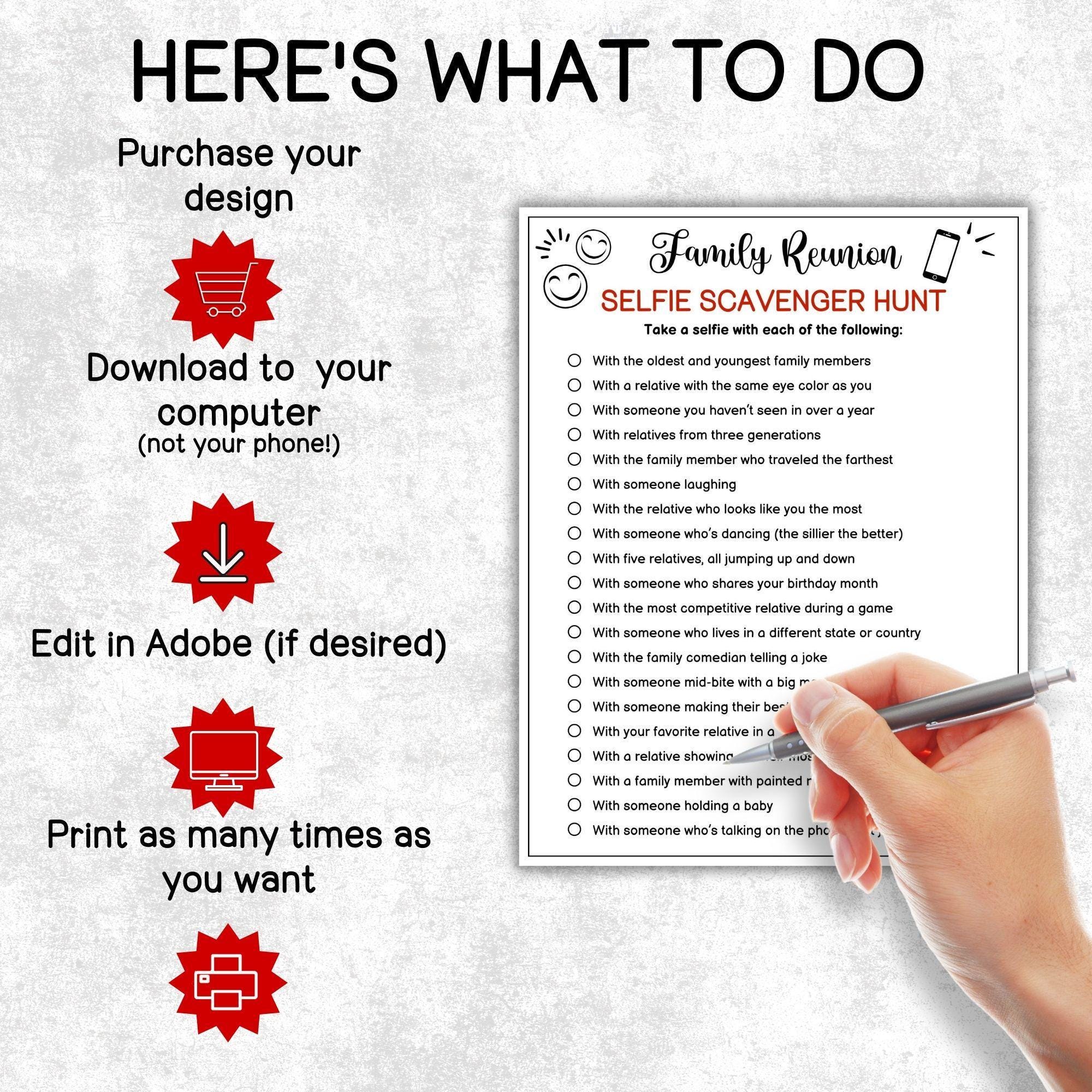 Family Reunion Selfie Scavenger Hunt Game, EDITABLE Family Reunion ...