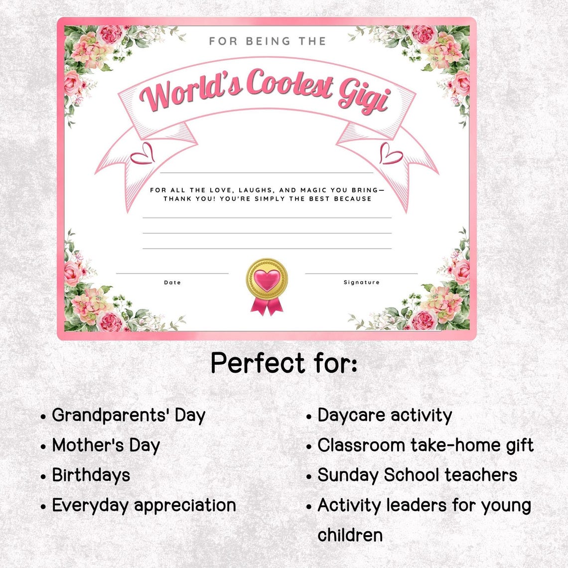 World's Coolest Gigi Grandparents Day Printable Award Certificate, Gigi ...
