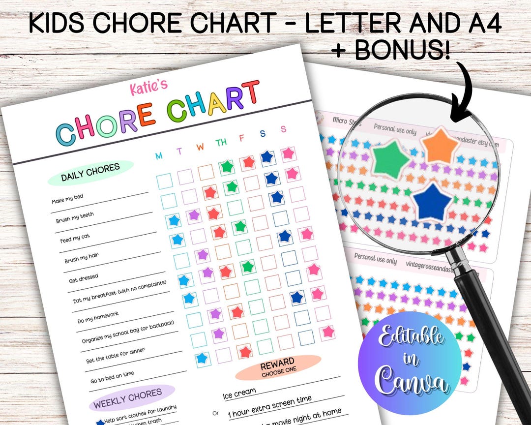 Editable Kids Chore Chart Printable, Responsibility Reward Planner for ...