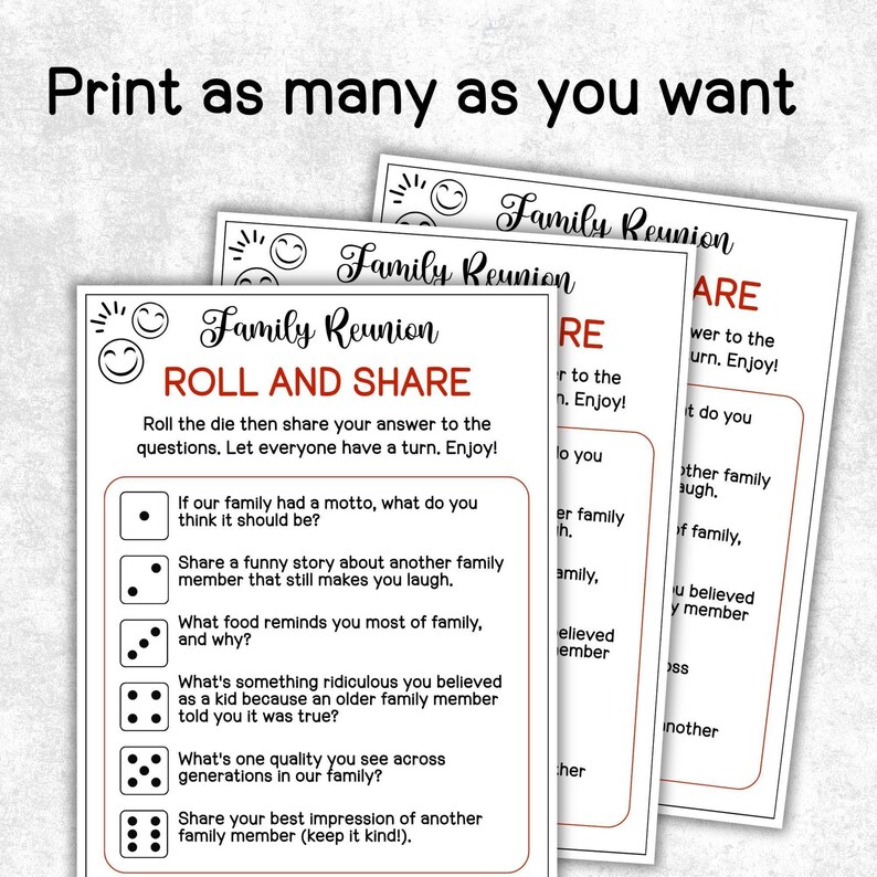 Family Reunion Roll and Share Icebreaker Game, Printable Dice Games ...
