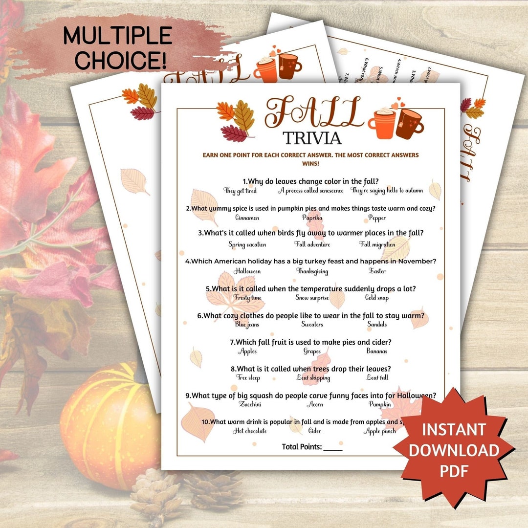 Printable Fall Trivia Game for Adults, Kids and Seniors, Office Party ...