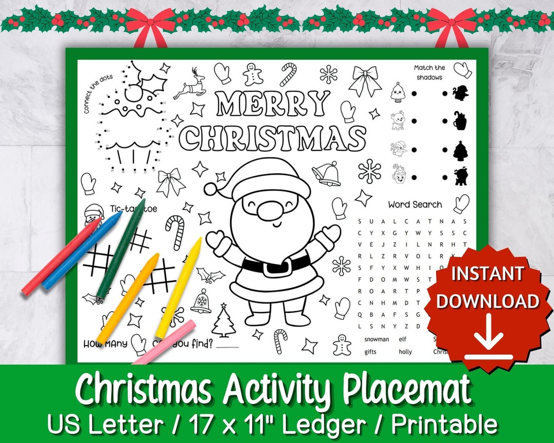 Christmas Coloring Placemat, Christmas Activity Placemats, Kids ...