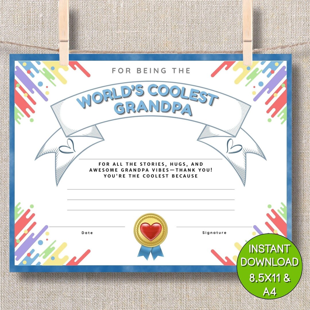 World's Coolest Grandpa Grandparents Day Printable Award Certificate ...