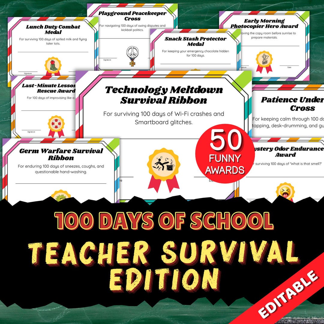 EDITABLE 100 Days of School Funny Teacher Awards Teacher Survival ...